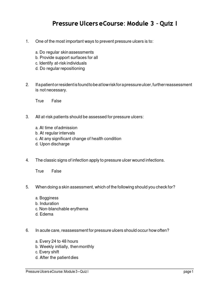 Pressure Ulcers Ecourse: Module 3 - Quiz I | PDF | Wound | Clinical ...
