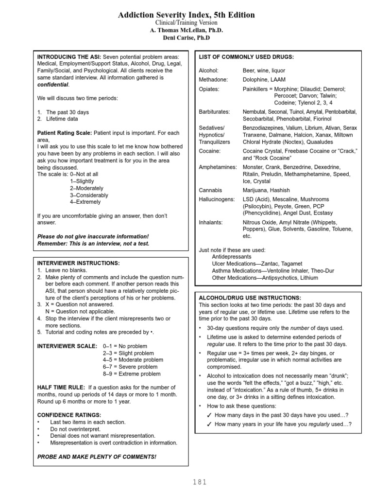 Addiction Severity Index, 5th Edition: Confidential | PDF | Substance ...