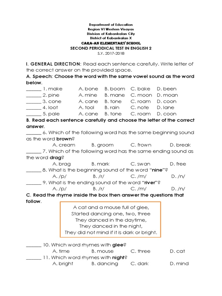 Grade 2 English 2nd Periodical Test | PDF