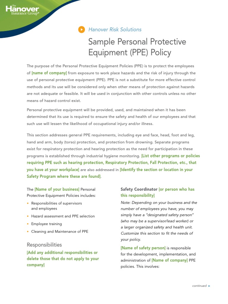 Sample Personal Protective Equipment (PPE) Policy: Hanover Risk ...