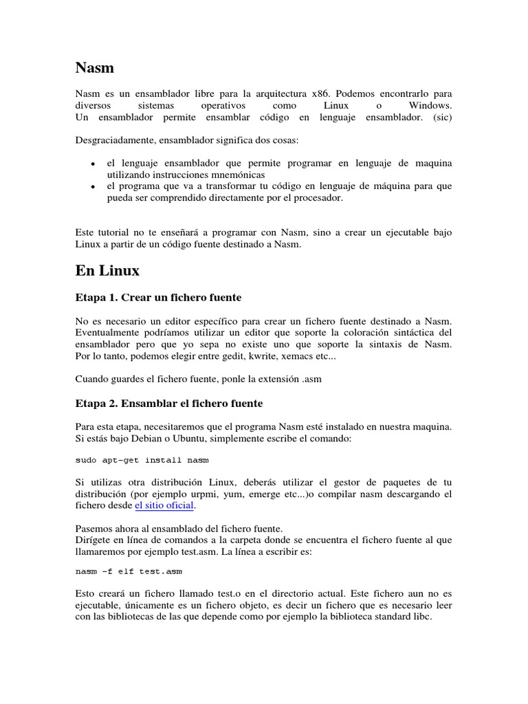 Empezando Con Nasm | PDF | Lenguaje ensamblador | Distribución de Linux