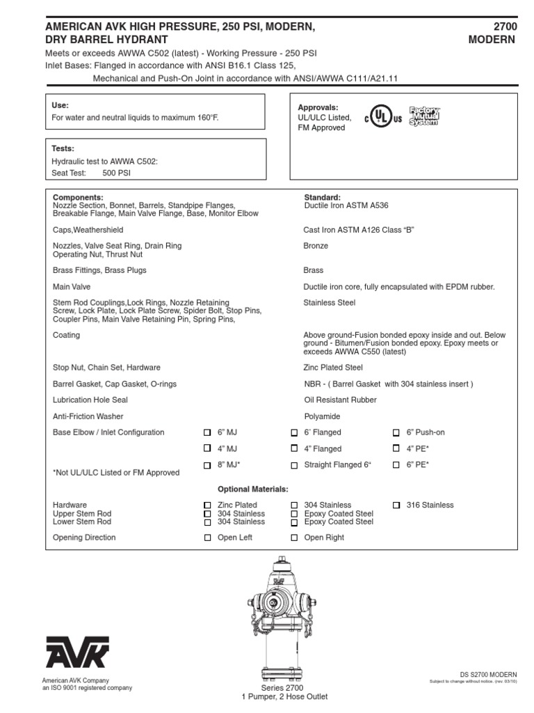 American Avk High Pressure, 250 Psi, Modern, 2700 Dry Barrel Hydrant ...