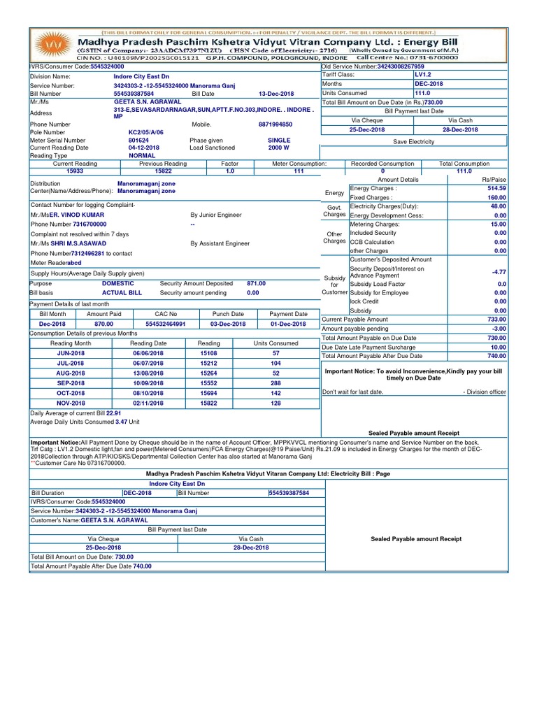 Electricity Bill for Geeta S.N. Agrawal | PDF | Payments | Cheque