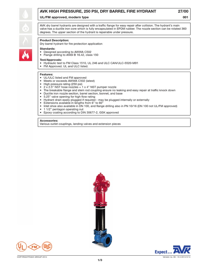 Avk High Pressure, 250 Psi, Dry Barrel Fire Hydrant 27/00: UL/FM ...