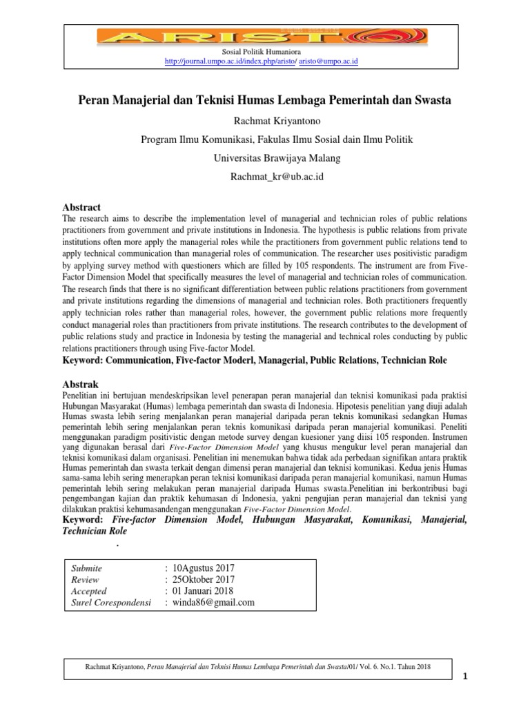 Peran Manajerial Dan Teknisi Humas Lembaga Pemerintah Dan Swasta | PDF ...