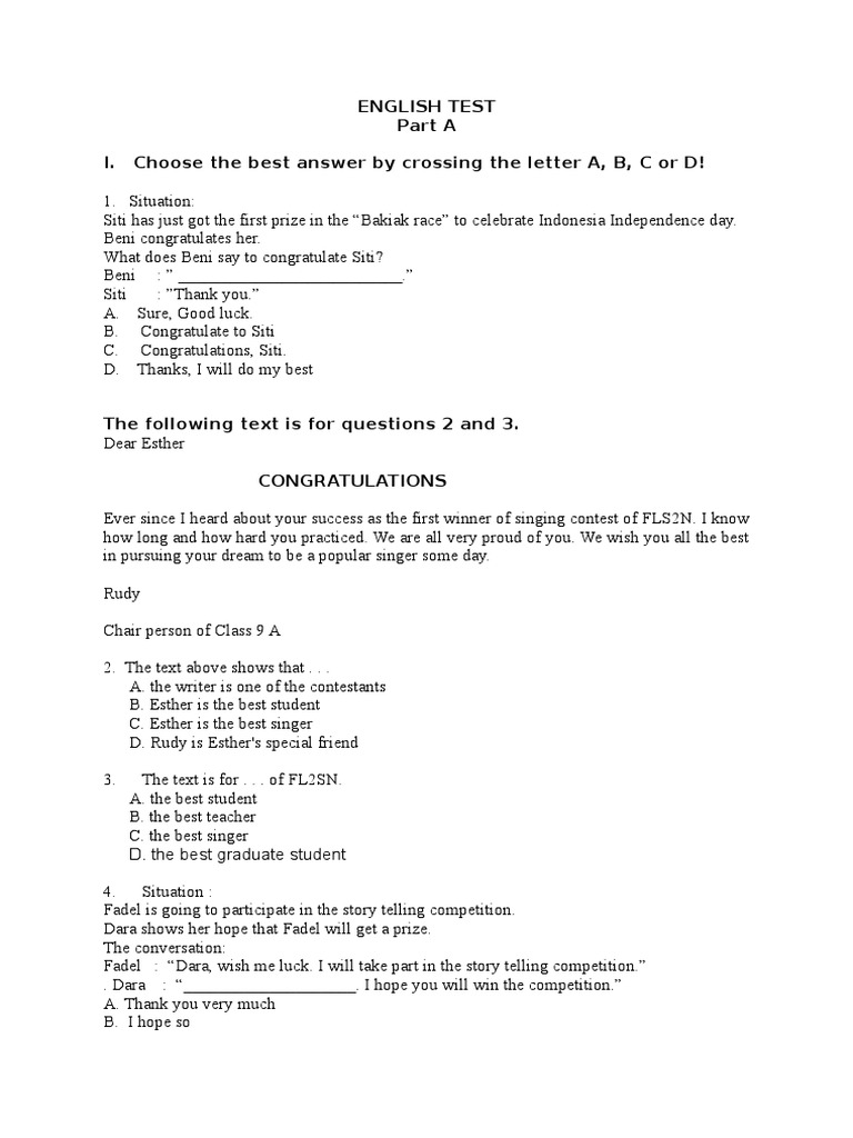 English Test Part A I. Choose The Best Answer by Crossing The Letter A ...
