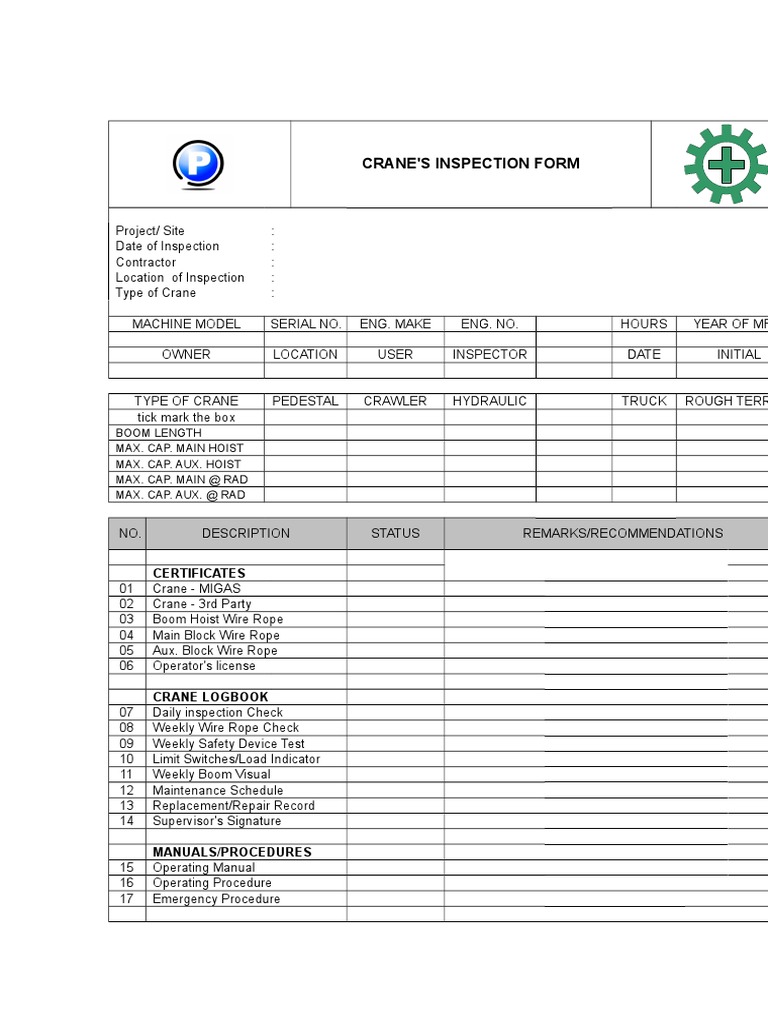 Crane Monthly Inspection Form | PDF | Clutch | Crane (Machine)