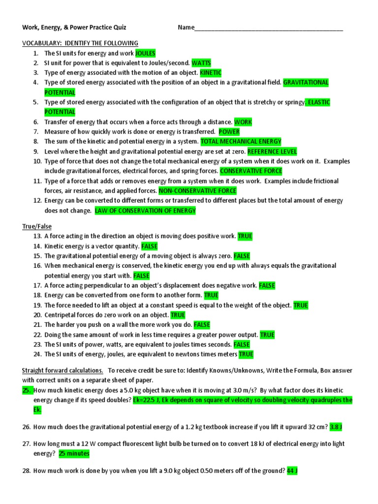 Work Energy Practice Quiz Answers | PDF | Potential Energy | Kinetic Energy