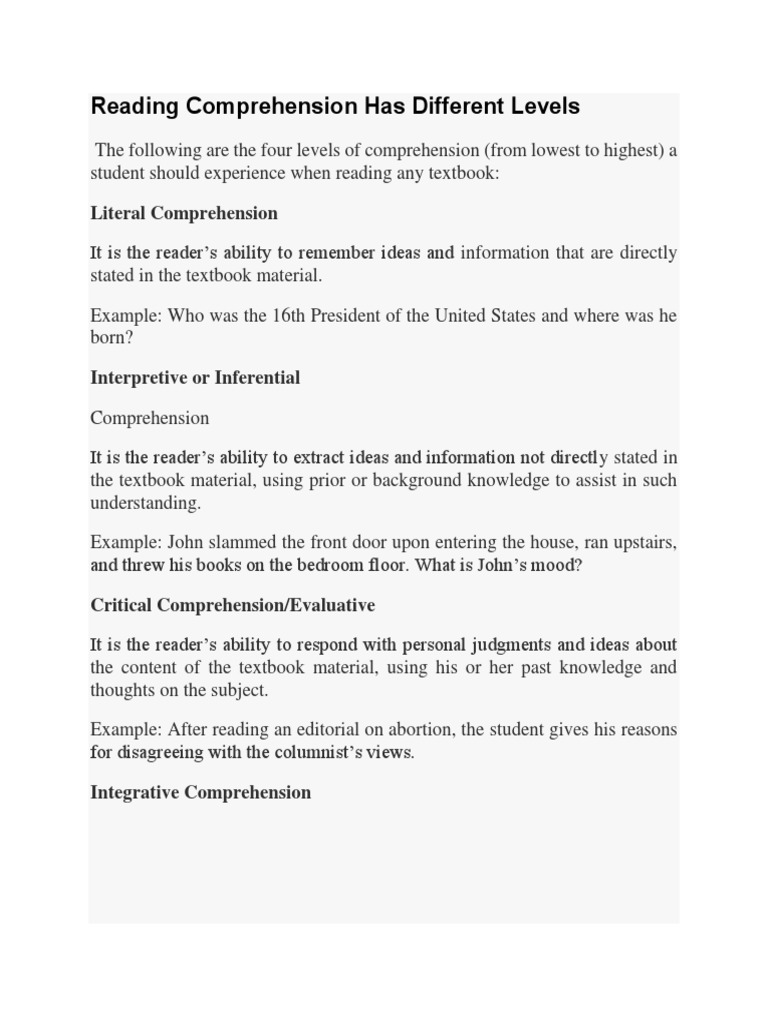 4 Levels Reading Comprehension - Literal to Creative | PDF | Textbook ...