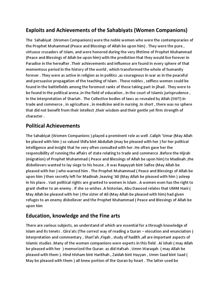 Exploits and Achievements of The Sahabiyats (Women Companions) | PDF ...