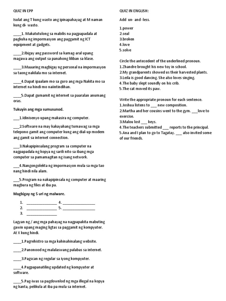 2nd Quiz in EPP | PDF