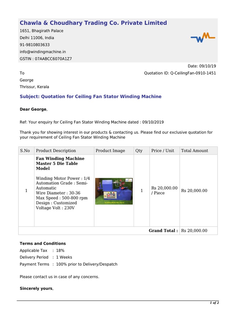 Chawla & Choudhary Trading Co. Private Limited: Subject: Quotation For ...