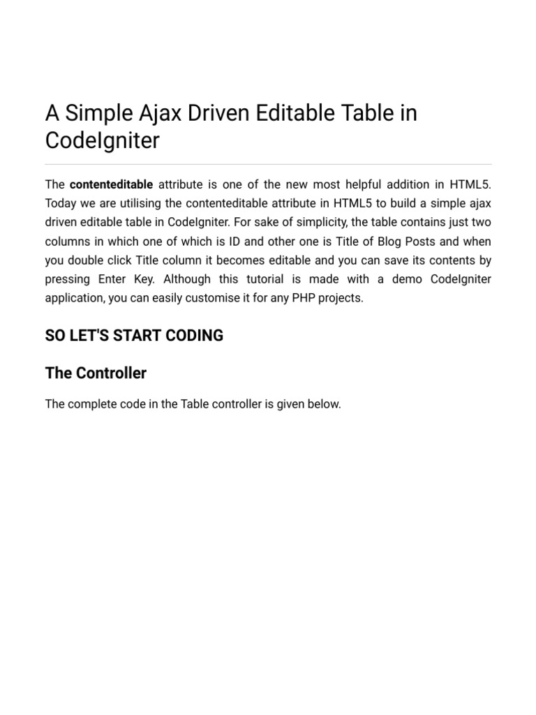 A Simple Ajax Driven Editable Table In Codeigniter Shareurcodes Pdf Ajax Programming