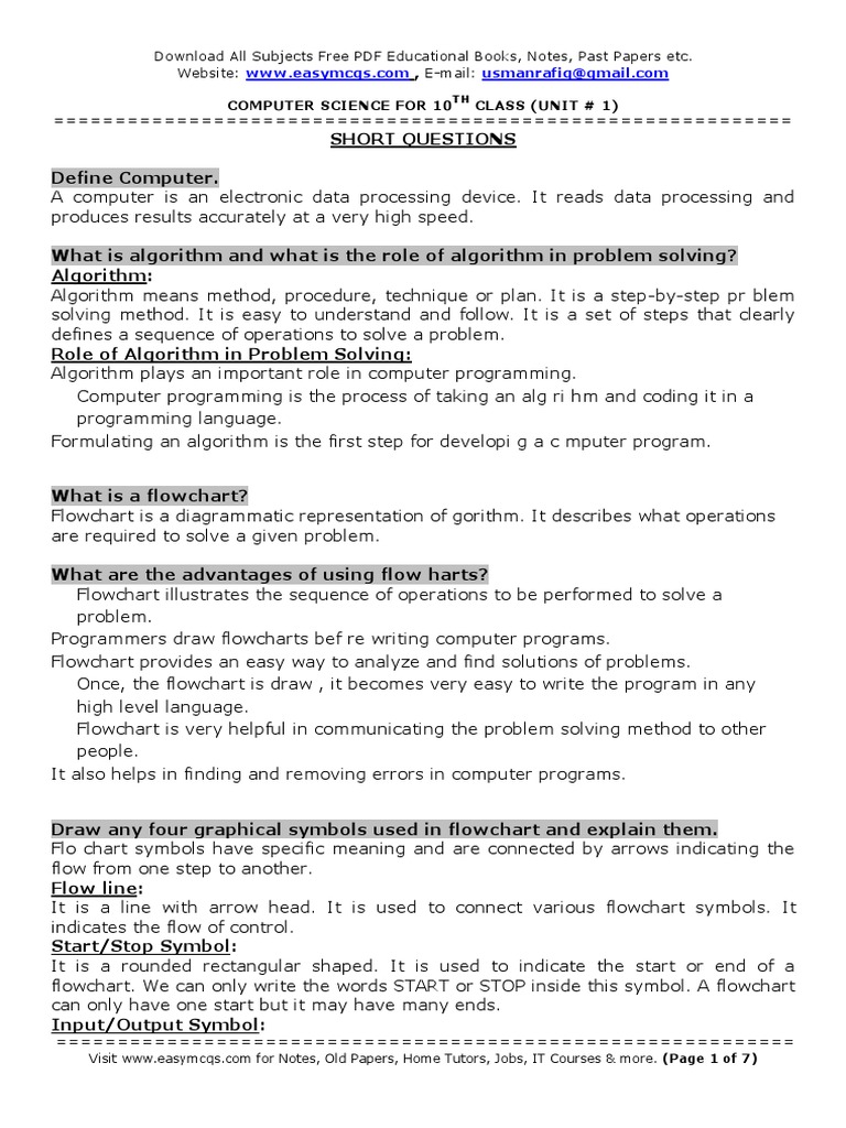 Computer Science 10th Class Chapter 01 Short Questions Answers | PDF | Algorithms | Computer Program