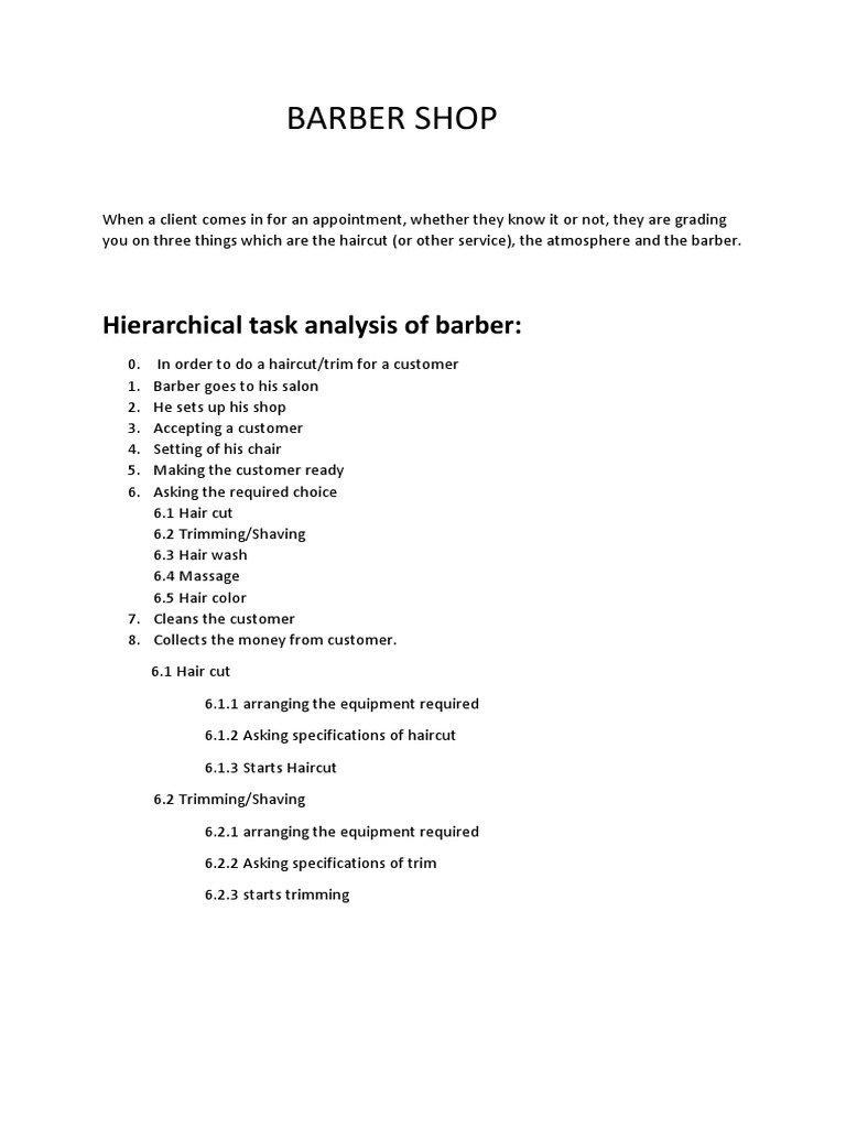 Barber Shop: Hierarchical Task Analysis of Barber | PDF