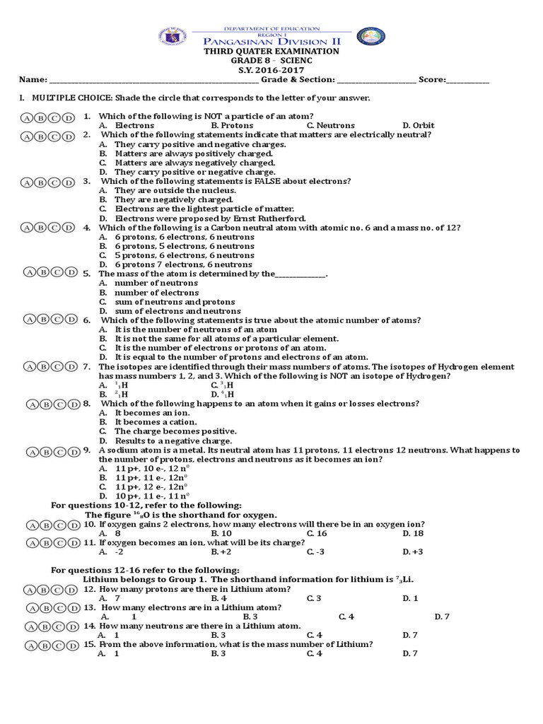 Grade 8 Science Third Quarter Exam | PDF | Meiosis | Atoms