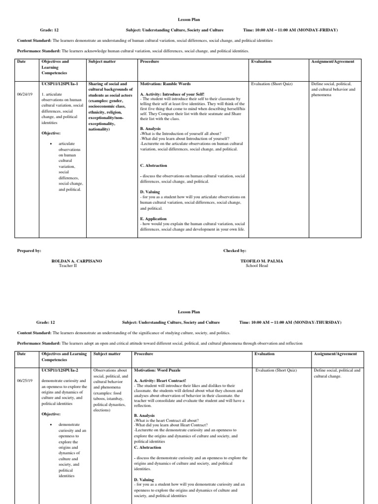 Lesson Plan in Understanding Society and Culture | PDF | Socialization ...