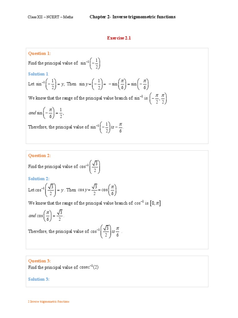 Chapter 2 - Inverse Trigonometric Functions | PDF | Sine ...
