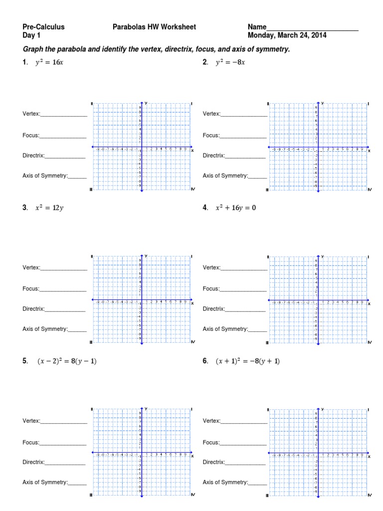 Parabolas HW Worksheet Day 1 March 2014 | PDF