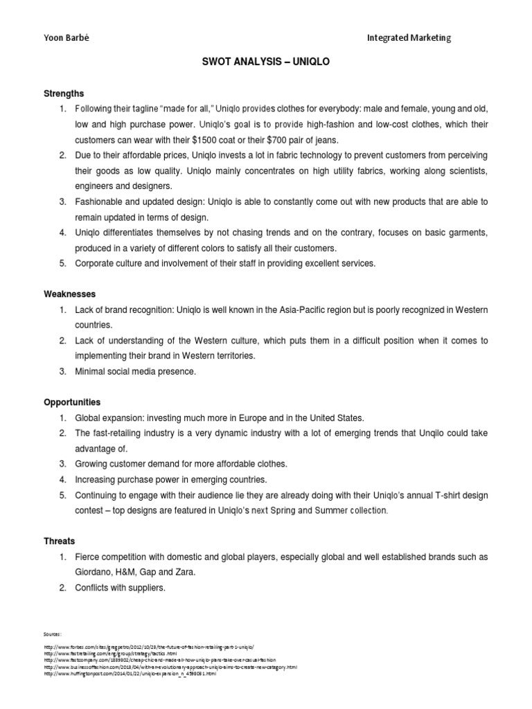 Uniqlo Swot Analysis | PDF | Brand | Swot Analysis
