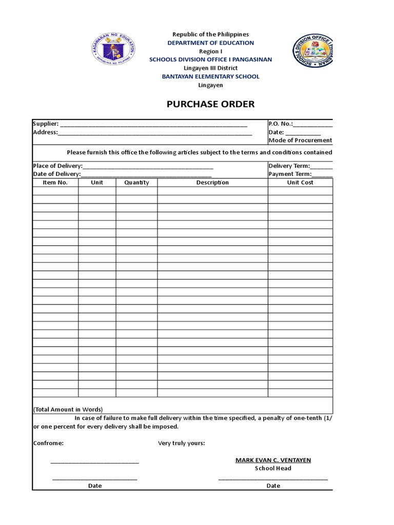 Purchase Order: Department of Education Schools Division Office I Pangasinan Bantayan Elementary ...