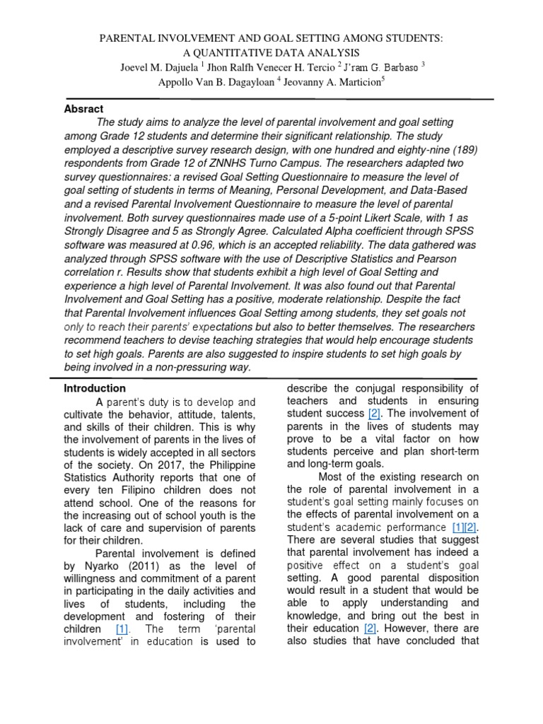 Parental Involvement and Goal Setting Among Students: A Quantitative ...