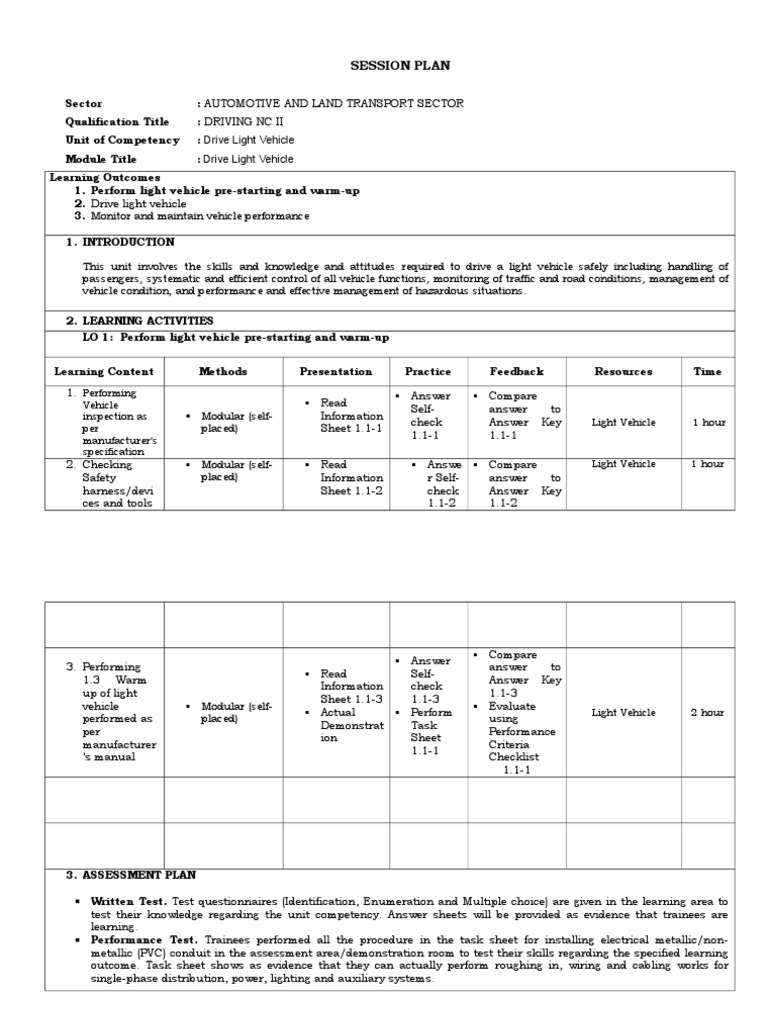 Driving Light Vehicle Session Plan: Performing Vehicle Inspection ...