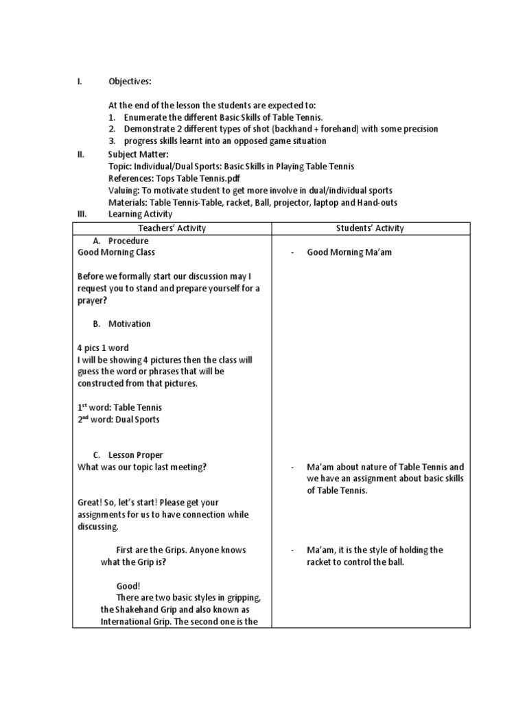 Final Lesson Plan | PDF | Table Tennis | Racquet Sports