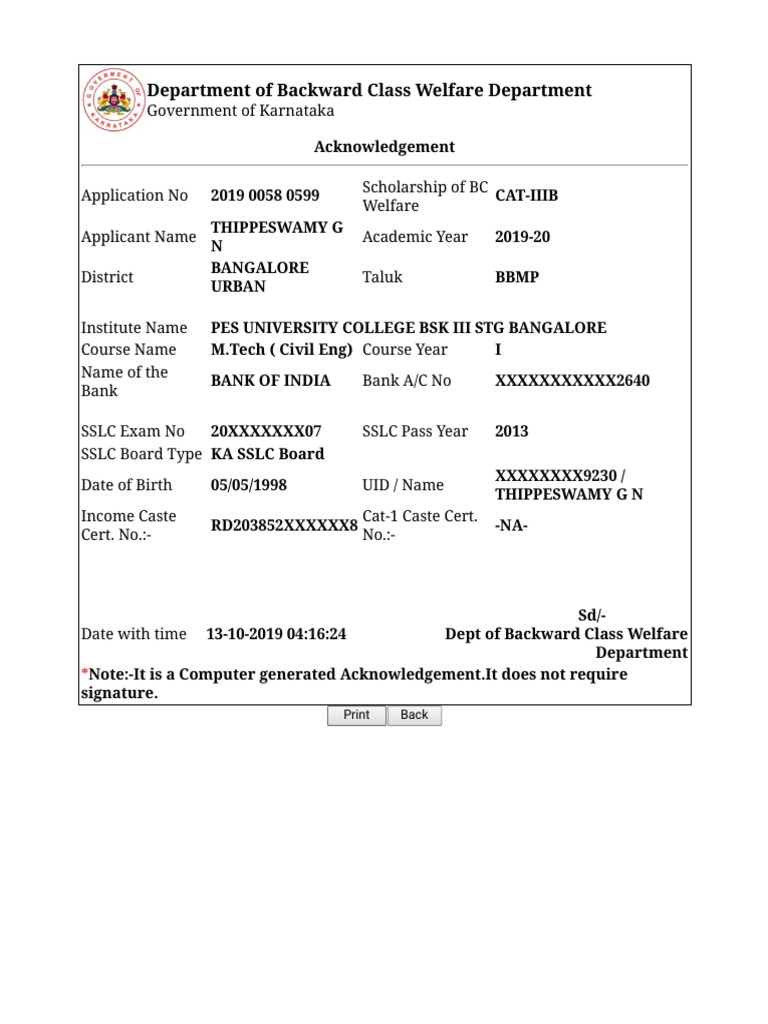 Department of Backward Class Welfare Department: Print Back | PDF