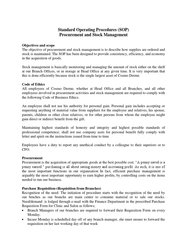 SOP - Procurement and Stock Management | PDF | Inventory | Supply Chain ...