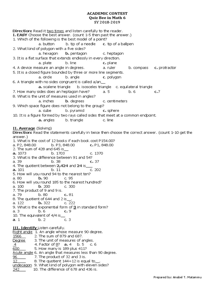 Academic Contest Quiz Bee in Math 6: Prepared By: Anabel T. Matammu ...