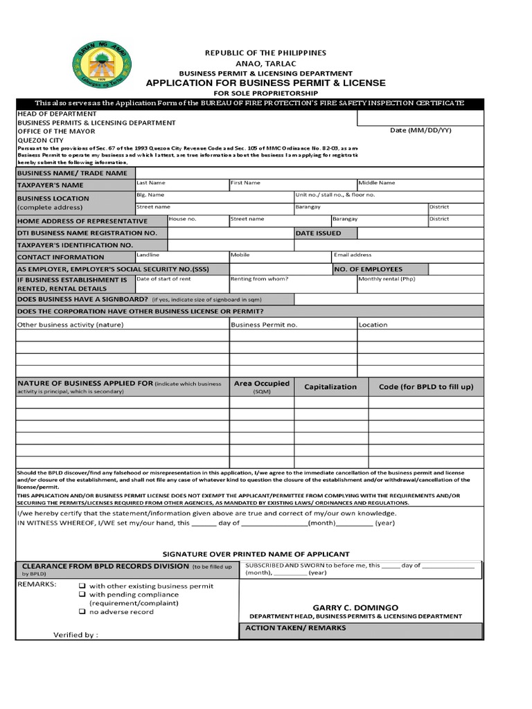 Application For Business Permit and License For Single Proprietorship | PDF