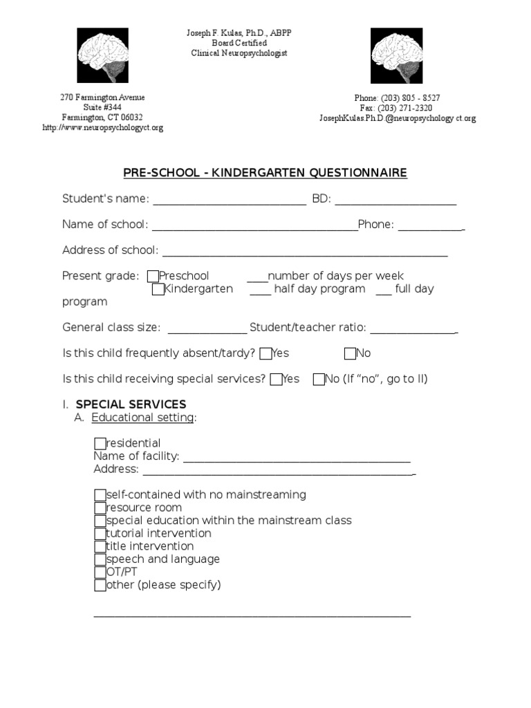 Preschool School Questionnaire Up Through Kindergarten | PDF ...