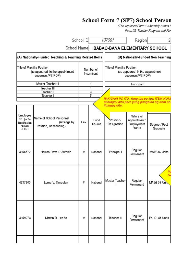 School Form 7 (SF7) School Personnel Assignment List and Basic Profile ...