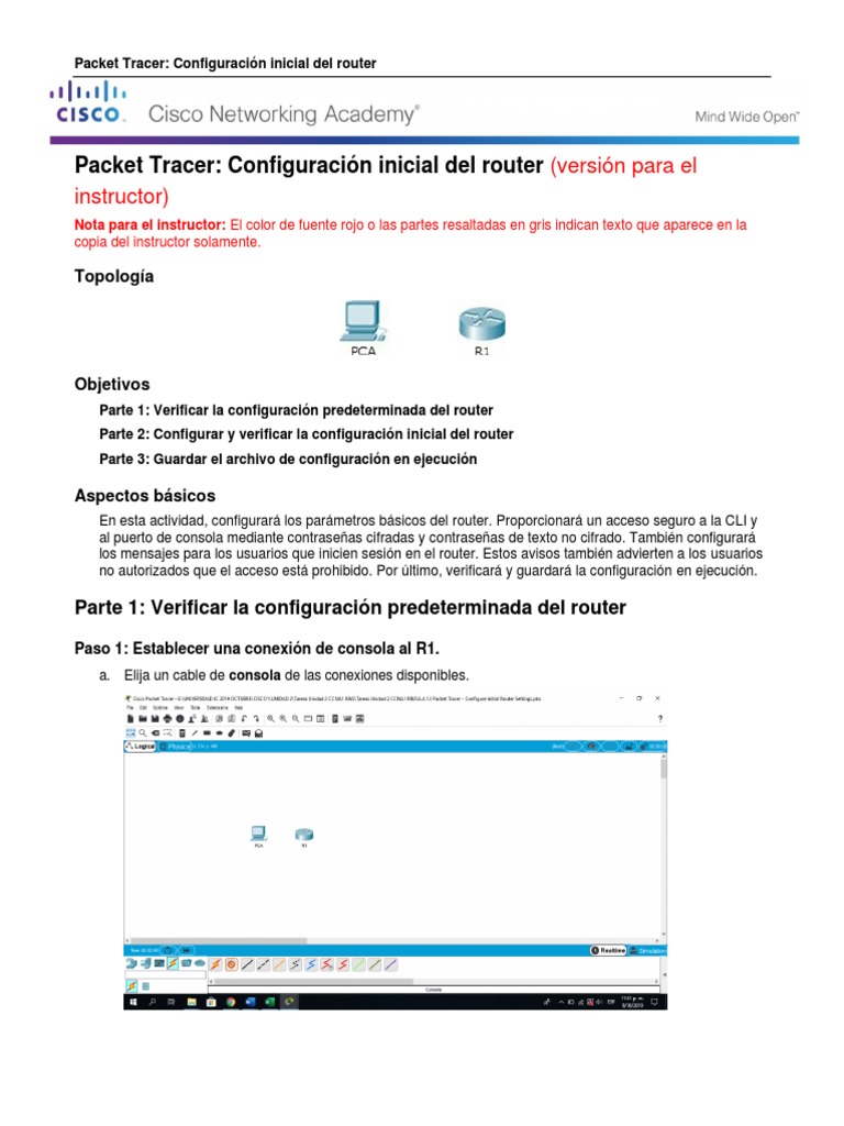 Configuración Inicial del Router en Packet Tracer | PDF | Contraseña | Interfaz de línea de comando