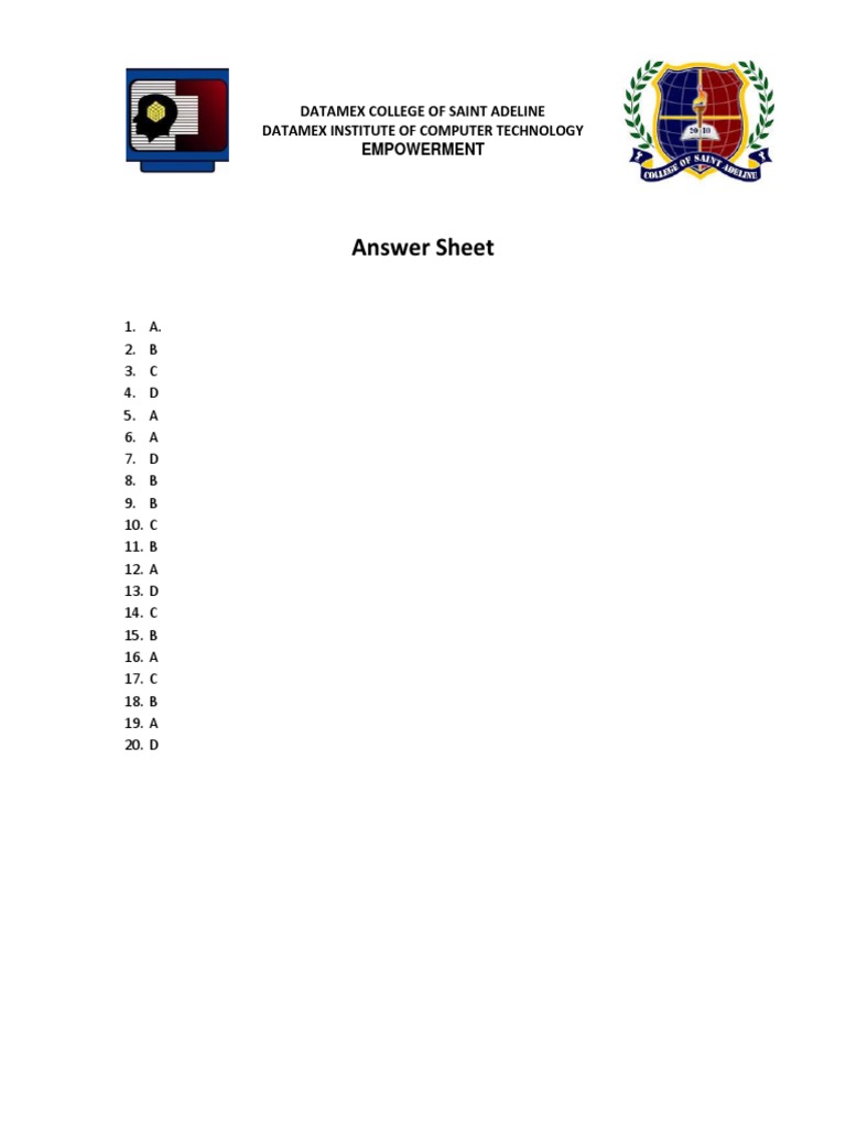Answer Sheet: Datamex College of Saint Adeline Datamex Institute of ...