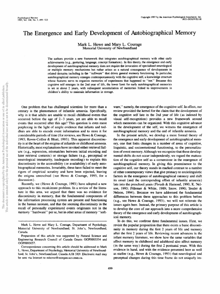 The Emergence and Early Development of Autobiographical Memory | PDF | Memory | Recall (Memory)