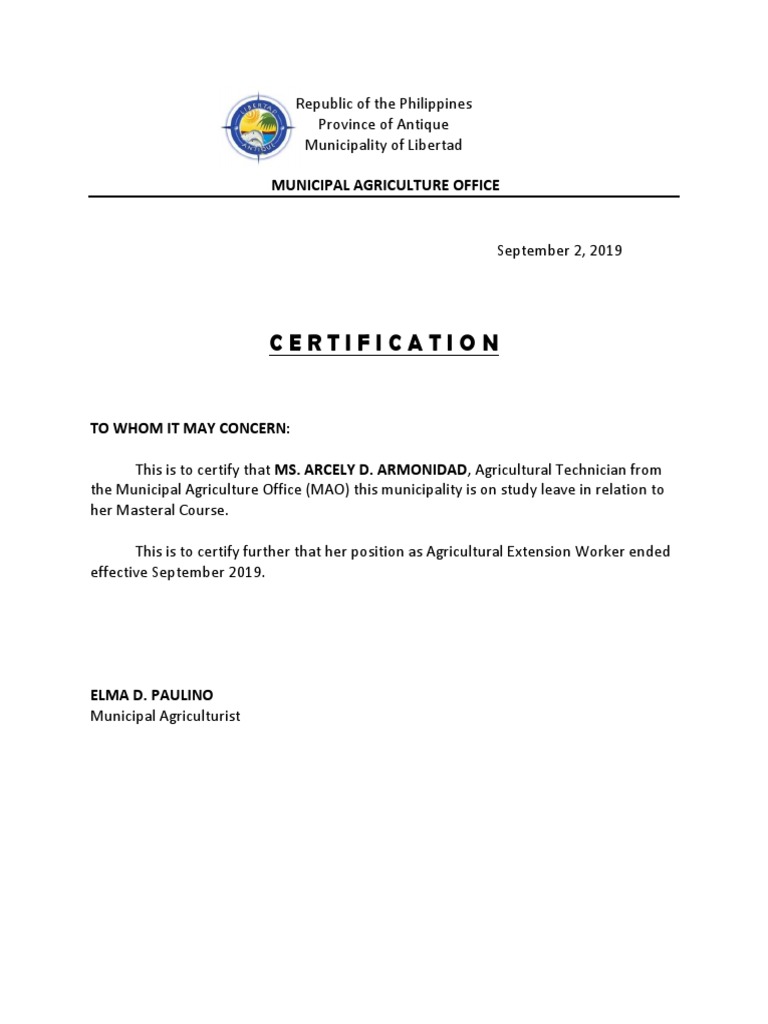 Certification: Municipal Agriculture Office | PDF