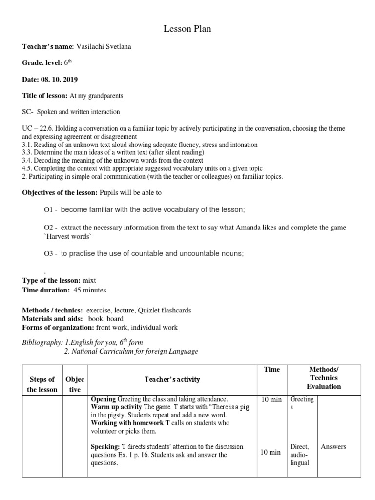 Lesson Plan at The Grandparents | PDF | Vocabulary | Lesson Plan