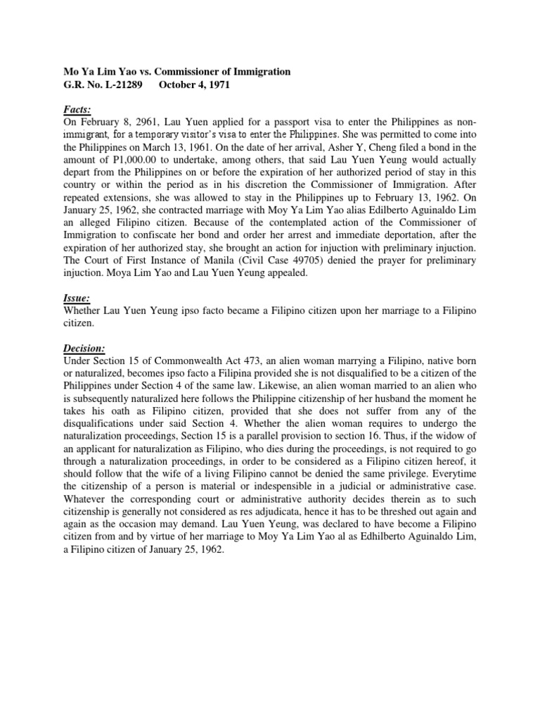 Mo Ya Lim Yao vs. Commissioner of Immigration | PDF | Naturalization ...