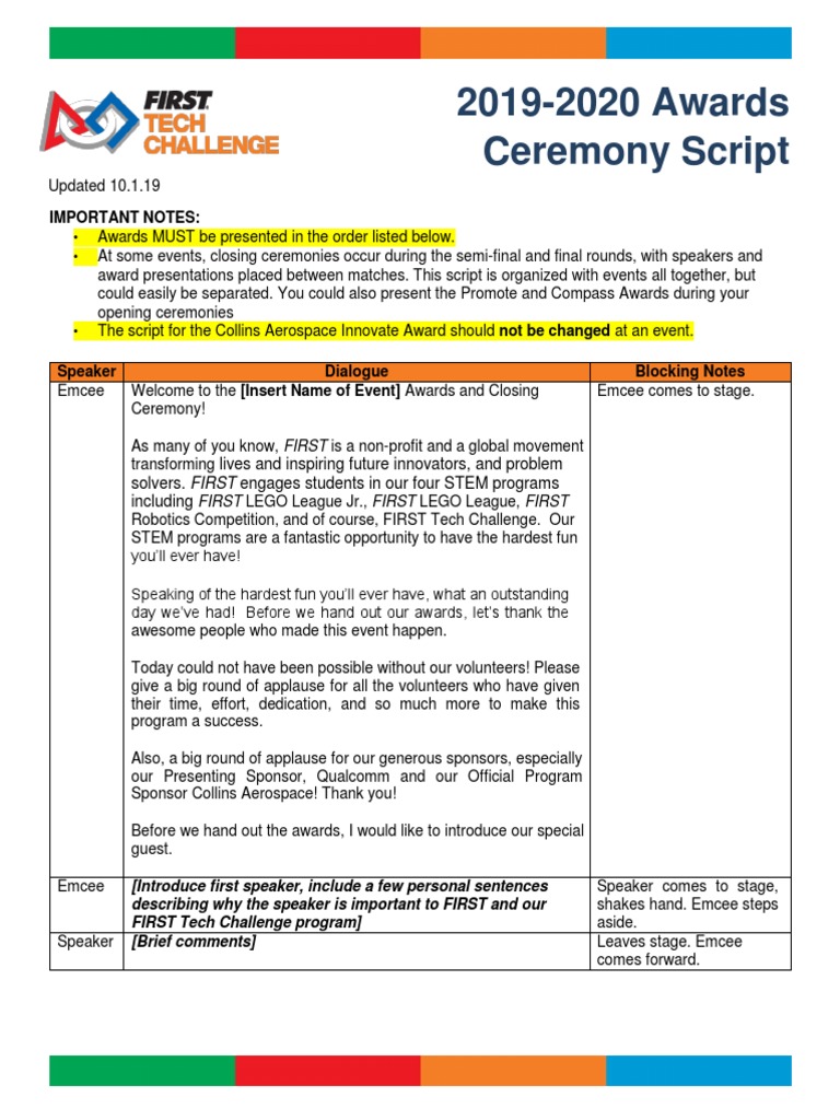 2019-2020 Awards Ceremony Script: Important Notes | PDF | Science ...