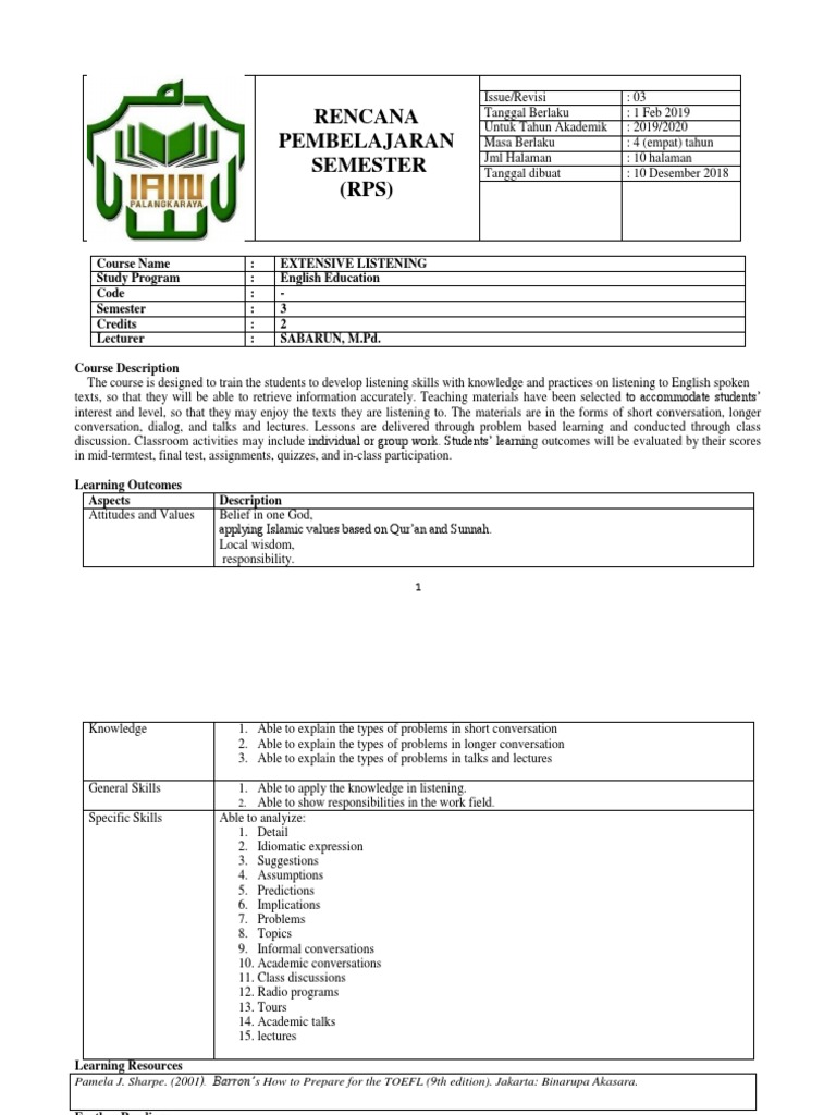 RPS Extensive Listening Ganjil 201920120-1 | PDF | Reading Comprehension | Lecture