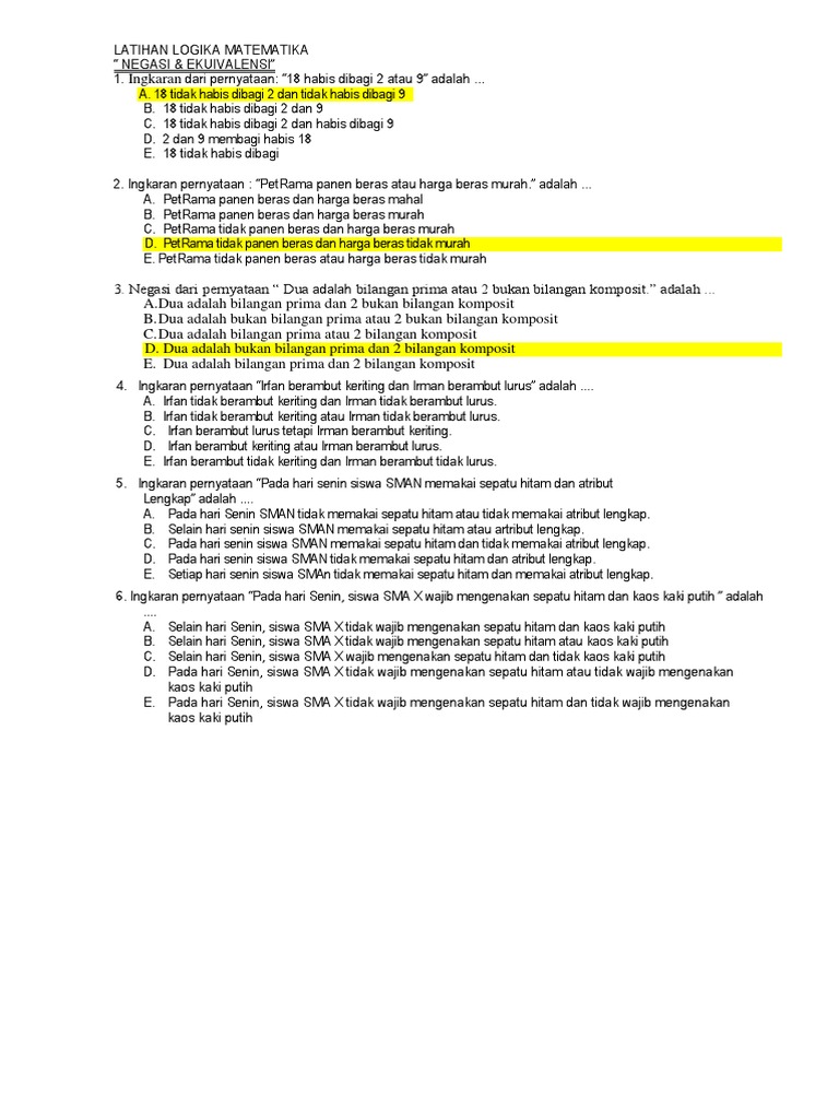 Logika (Negasi &ekuivalensi) | PDF