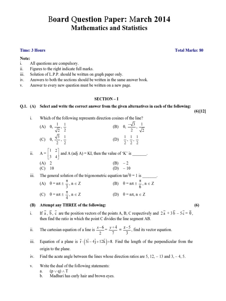 Board Question Paper: March 2014: Mathematics and Statistics | PDF ...