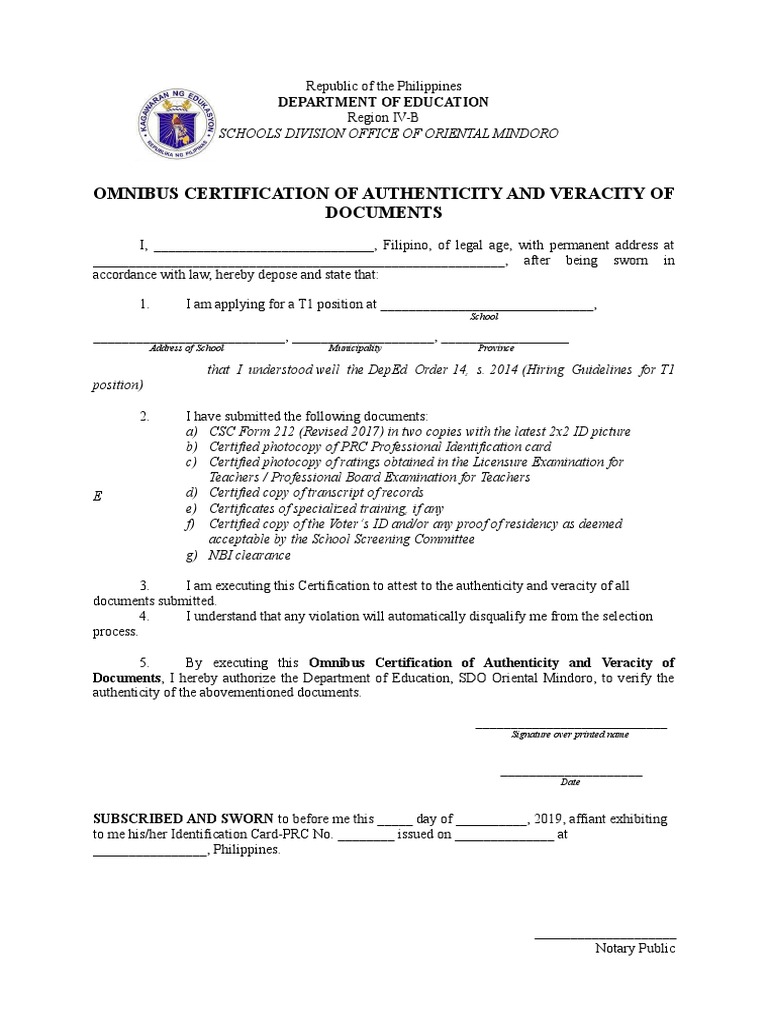 Omnibus Certification of Authenticity and Veracity of Documents | PDF ...