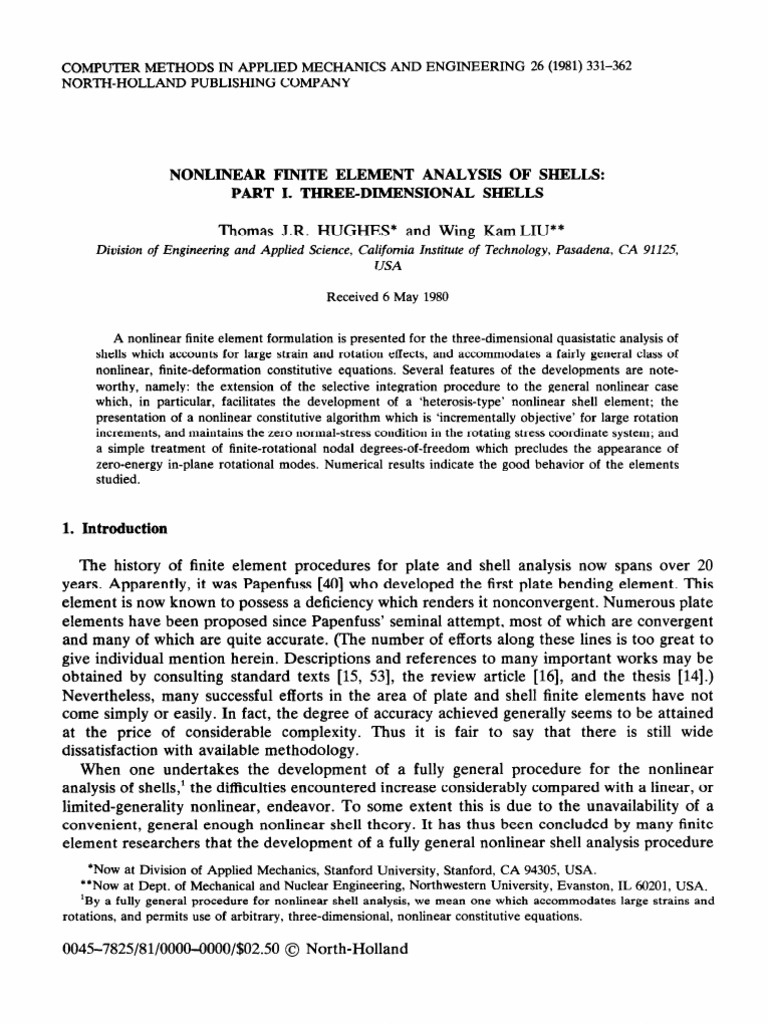 Nonlinear Finite Element Analysis of Shells: Part I. Threedimensional Shells | PDF | Basis ...