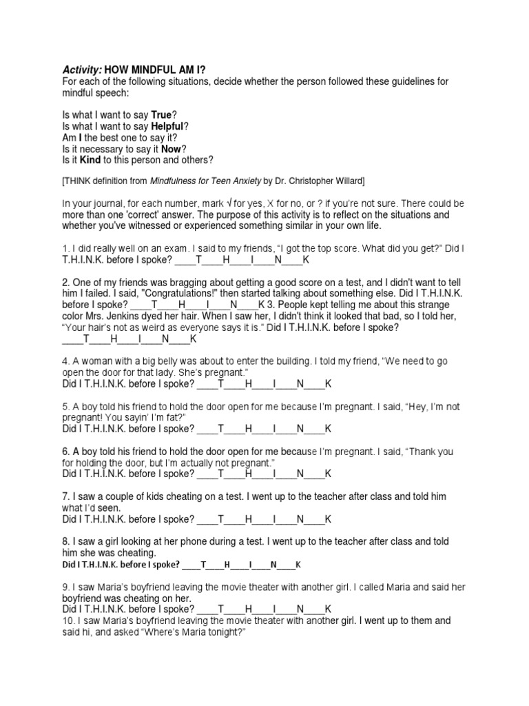 Assessing Mindful Speech: An Activity to Evaluate the Impact of Our Words | PDF