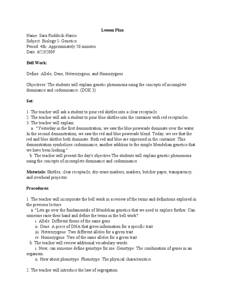 Incomplete Dominance and Codominance Lesson Plan PDF | PDF | Dominance ...