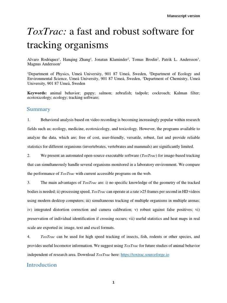 ToxTrac: Advanced Organism Tracking Software | PDF | Shadow | Computer File