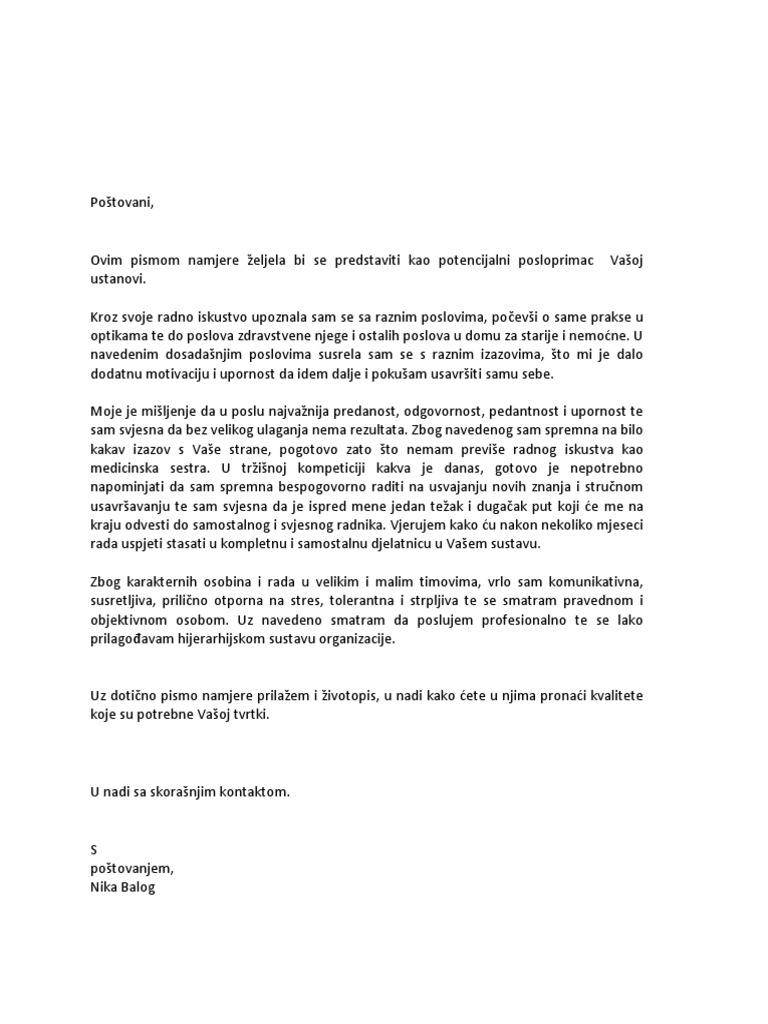 Pismo Namjere - Poliklinika | PDF